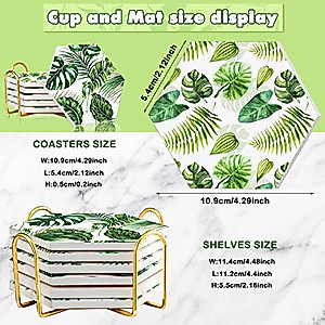 6 Pcs Plant Coasters with Holder Gold Absorbent, Drink Coasters Hexagon Farmhouse Ceramic Table Coaster Set Cute Coasters, Decorative Bar Wine Coasters Coffee Cup Coasters, Greenery Leaves Design