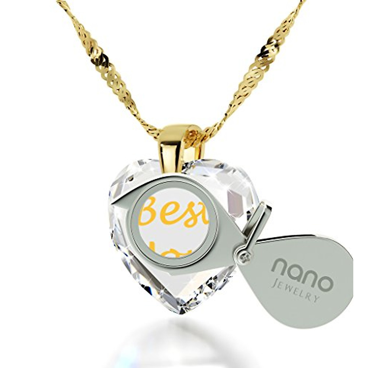 Best Mom Heart Necklace for Mother's Inscribed in 24k Gold with Rose Flower on Crystal Cubic Zirconia Heart-Shaped Romantic Pendant for Her, 18" Chain