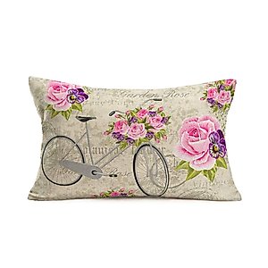 Vintage Rustic Garden Rose Background with Bike Bicycle Decorative Pillow Covers 12 X 20 Inch Cotton Linen French Style Throw Pillow Case Home Couch Sofa Decorative Rectangle Cushion Cover (BikeH)