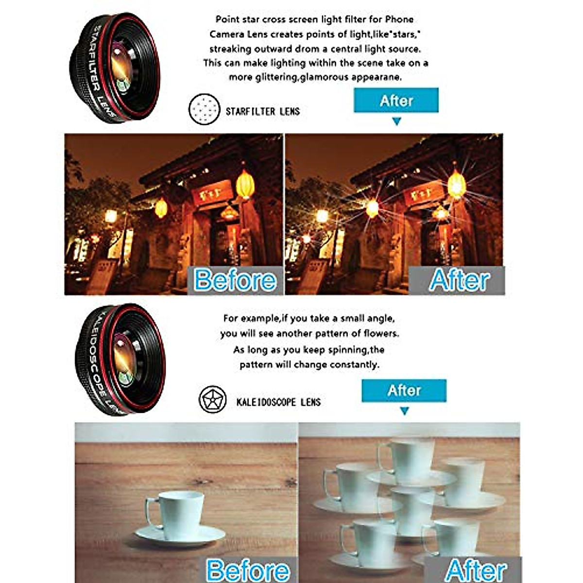 Phone Camera Lens Kit 10 in 1 for iPhone Samsung Pixel Android, 22X Telephoto Lens, 0.62X Super Wide Angle Lens&25X Macro Lens, 235° Fisheye,Kaleidoscopes, Starlight，Tripod，for Most Smartphone