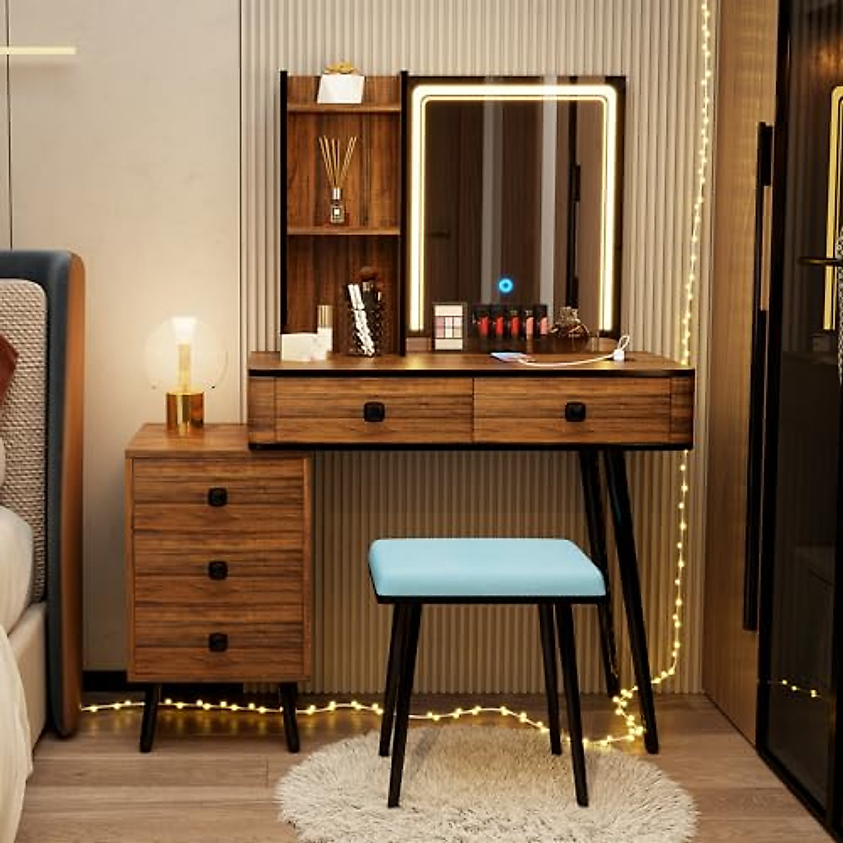 LVSOMT Vanity Desk with Mirror and Lights, Makeup Vanity Table Set with 3-Color Lights & Charging Station, 5 Drawers, Shelves, Dressing Table with Stool for Women Girls (Brown)