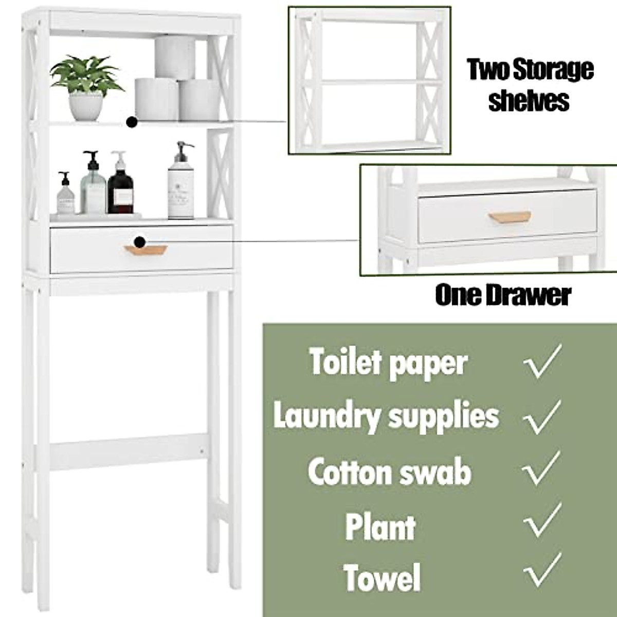 OQSC Bathroom Shelf Over The Toilet X- Frame Bathroom Organizer with 1 Drawer and Open Shelves Bathroom Space Saver(White)