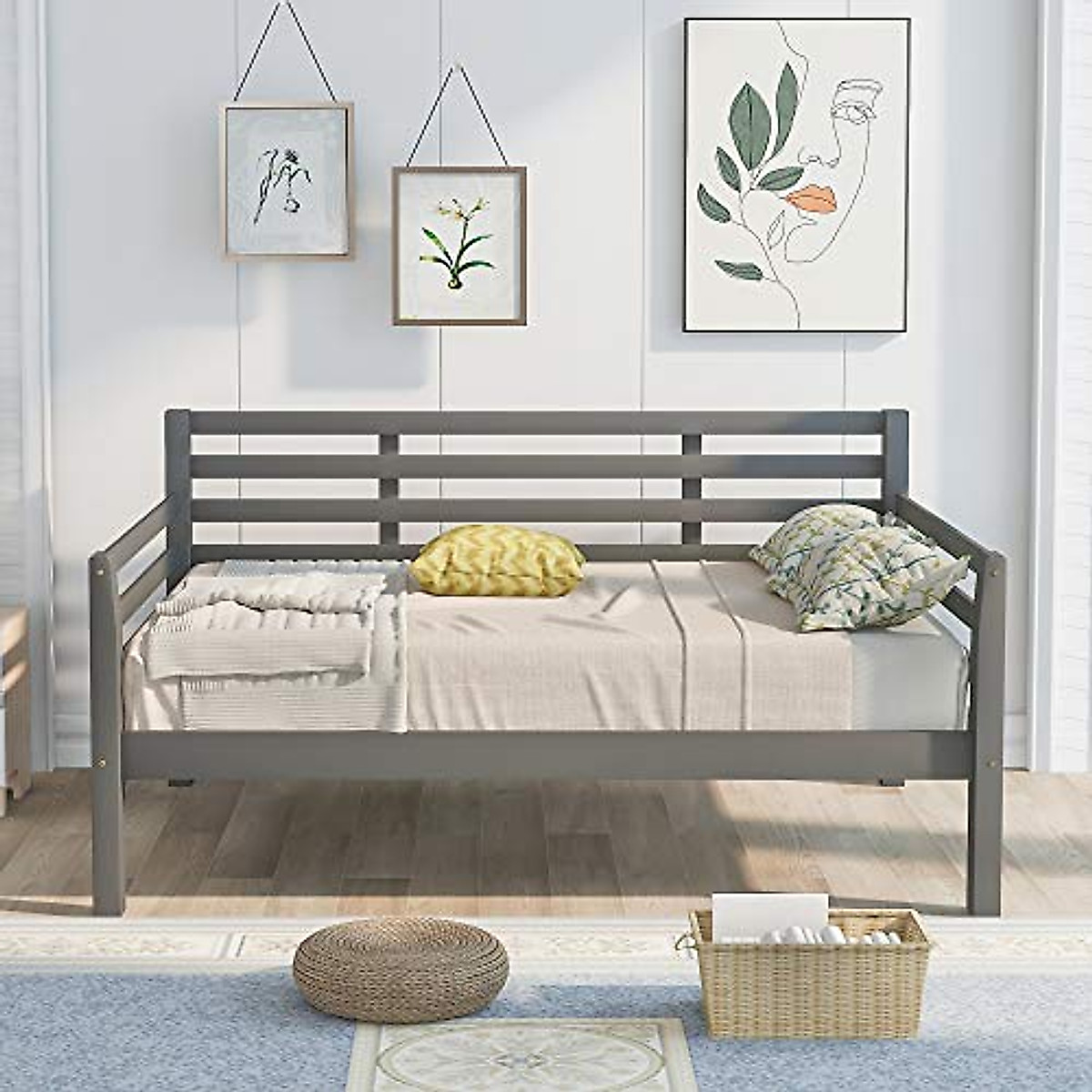 Harper & Bright Designs Full Size Daybed Frame, Wooden Full Day Bed with Wood Slat Support, Full Bed Frame, Full Size Sofa Bed for Bedroom, Living Room, No Box Spring Needed, (Full Size, Gray)