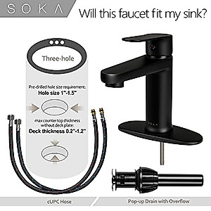 SOKA Brass Bathroom Faucet Matte Black Bathroom Sink Faucet Black with Pop-up Sink Drain Stopper & Deck Plate 1 or 3 Hole Bathroom Faucet Single Handle Bathroom Faucet Single Hole RV Bathroom Faucet