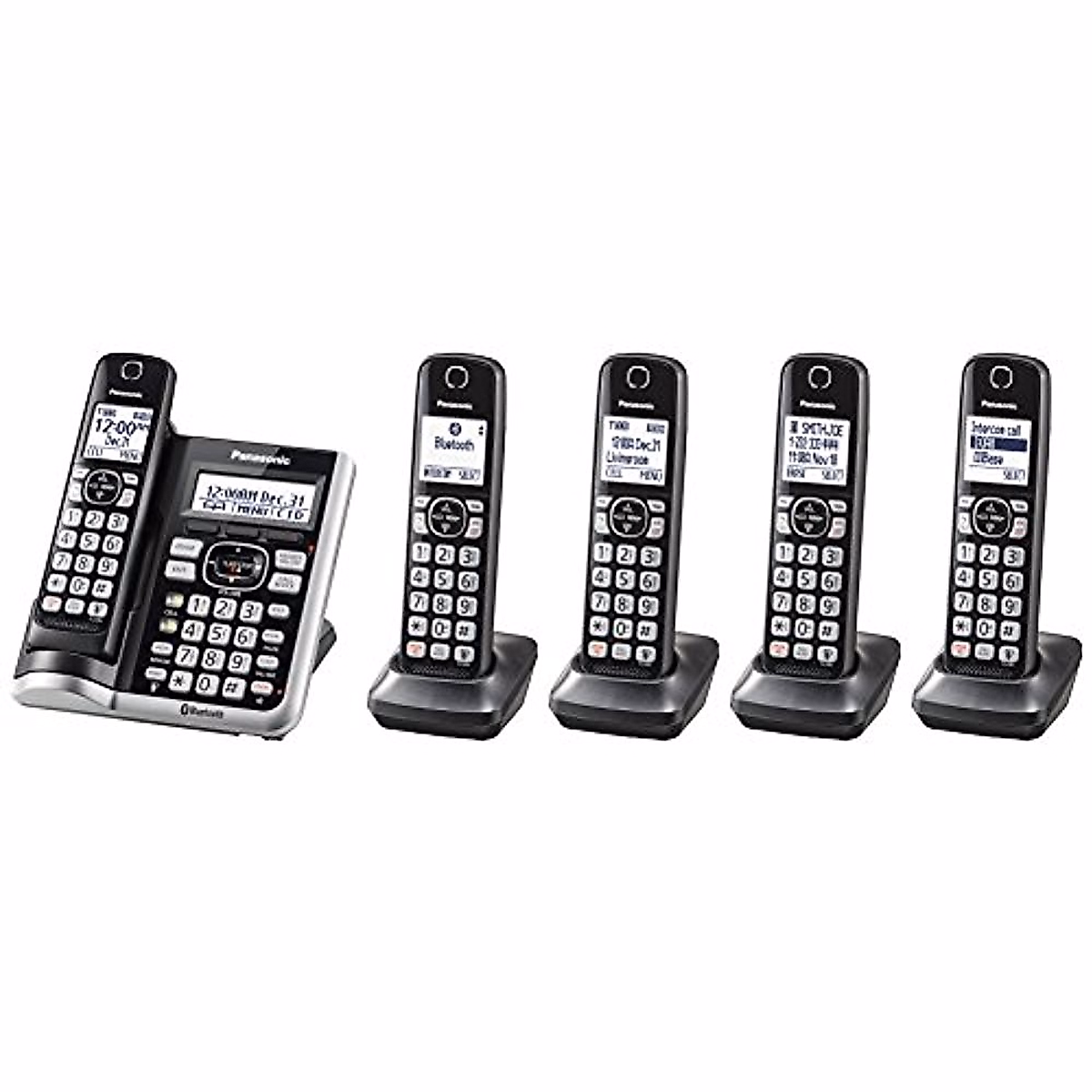 Panasonic Link2Cell Bluetooth Cordless Phone System with Voice Assistant, Call Block and Answering Machine, Expandable Home Phone with 5 Handsets â€“ KX-TGF575S (Black with Silver Trim)