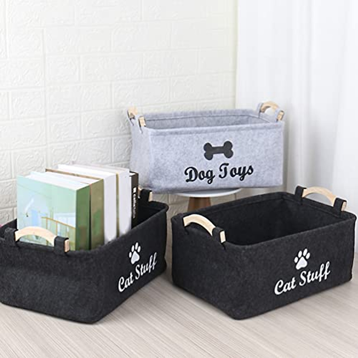 GANAZONO Storage Drawers 2pcs Dog Toy Bin Pet Supplies Storage Basket with Wooden Handle Blankets Basket Toy Organizer Felt Storage Holder for Living Room Playroom Closet Home Organization Toys