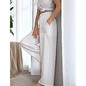 Rapbin Women's Cotton Linen Pants Casual Drawstring Loose Elastic Waist Beach Trousers with Pockets White L