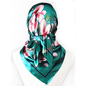 vabovin 35" Fashion Neckerchief Women's Silk Like Big Satin Square Hair Scarf Accessory (Blue Green Flowers)