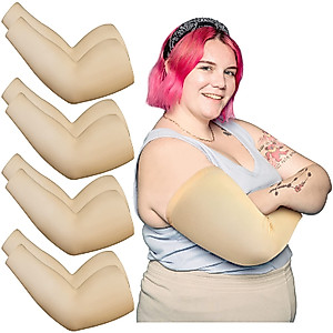8 Pieces Plus Size Full Arm Sleeves UV Sun Tattoo Arm Sleeve Cooling Arm Compression Covers Tattoo Cover Up for Women Men (Beige)