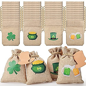 St. Patrick's Day Burlap Gift Drawstring Bags with Shamrock, Top Hat, Gold Pot, Beer Decor Burlap Candy Bags Linen Treat Bags Coin Bags with Cards for St. Patrick's Day Party Supplies (100)