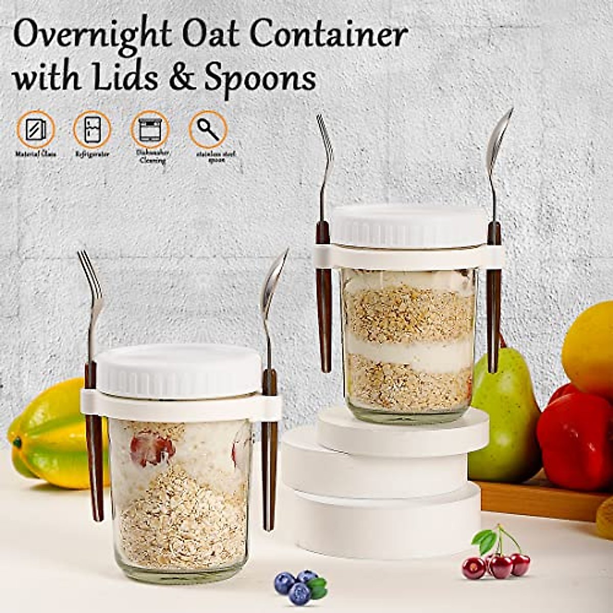 ZCXQM Overnight Oats Containers with Spoon and Fork, 2 Pack 10 oz Mason Jars with Lids for Overnight Oats, Breakfast On the Go Cups Reusable for Milk, Cereal, Fruit(White)