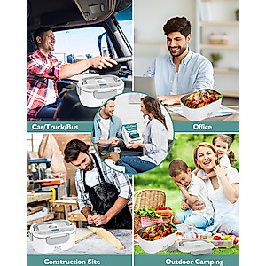 Eocolz Electric Lunch Box Food Heater Warmer 60W, 2 in 1 Portable Lunch Box for Car Truck Home Work Leak Proof with 1.5L Removable 304 Stainless Steel Container & Spoon 2 Compartments 110V 12V 24V