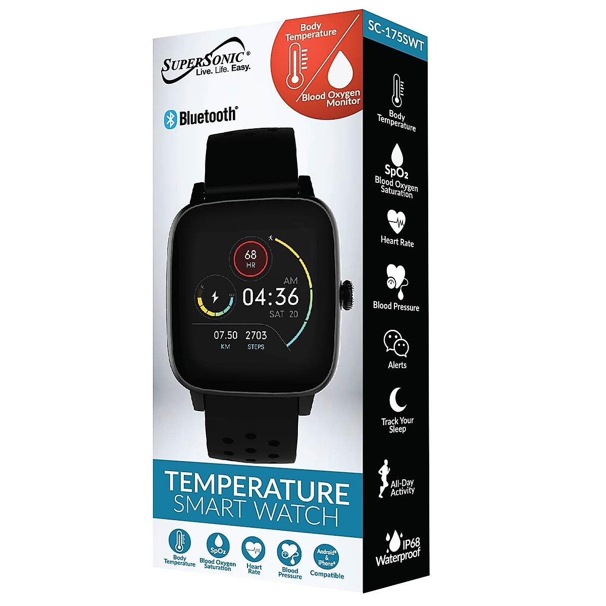Supersonic SC-175SWT 1.4-inch HD Touch Screen Smartwatch with Body Temperature Monitor, Health Monitoring, 100+ Watch Faces, Multi-Sport Tracking, IP68 Waterproof for Android and iOS iPhone
