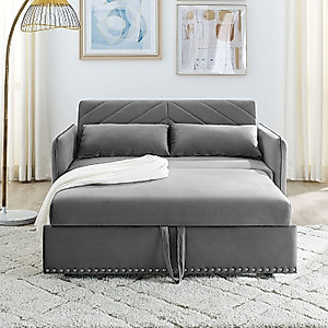 Sleeper Sofa Couch Bed w/2 USB Ports, 55" 3 in 1 Velvet Convertible Loveseat Sleeper Small Love seat Futon Sofa with Pullout Bed, Adjustable Backrest, 2 Pillows for Living Room Bedroom, Grey New