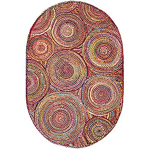 SAFAVIEH Cape Cod Collection Area Rug - 5' x 8' Oval, Red & Multi, Handmade Boho Braided Circles Jute & Cotton, Ideal for High Traffic Areas in Living Room, Bedroom (CAP203A)