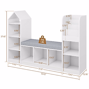 Vabches Toy Storage Organizer for Kids Bookshelf with Reading Nook, Multifunctional Kids Bookcase with 9 Storage Cubbies and Large Seat Cushion for Keeping Kids' Toys Books Organized, White