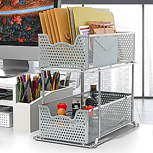 SimpleHouseware 2 Tier Sliding Cabinet Basket Organizer Drawer, Silver