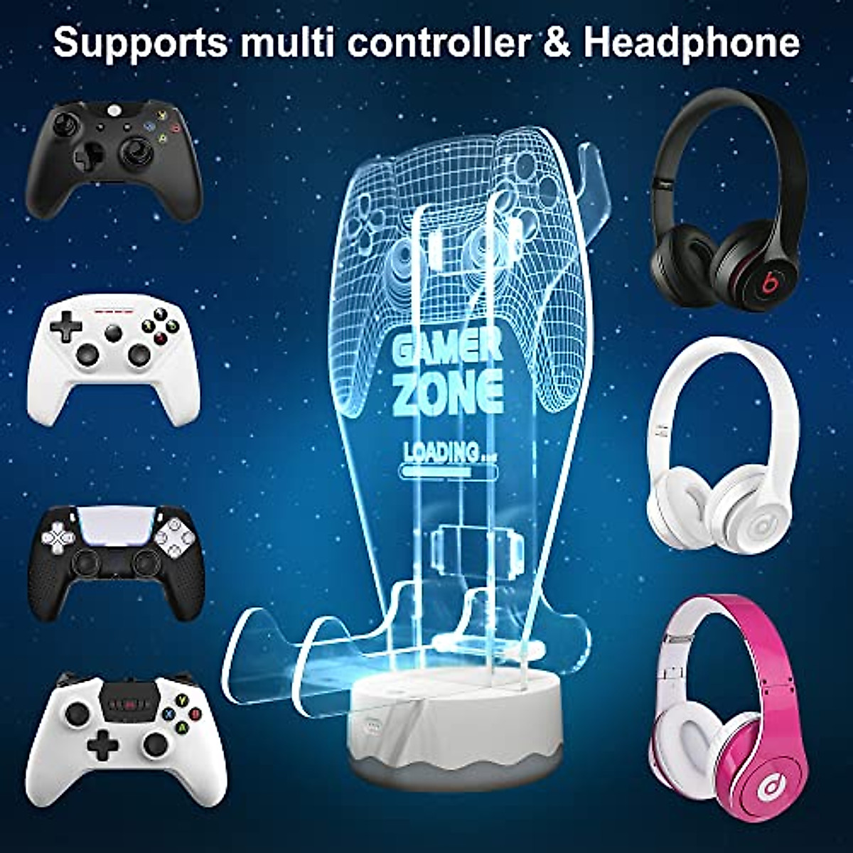 YuanDian Light up Headphone Controller Holder, 16 Colors 3D LED Lights Gamepad Headset Stand, Game Controller Hanger for All Universal Gaming PC Accessories