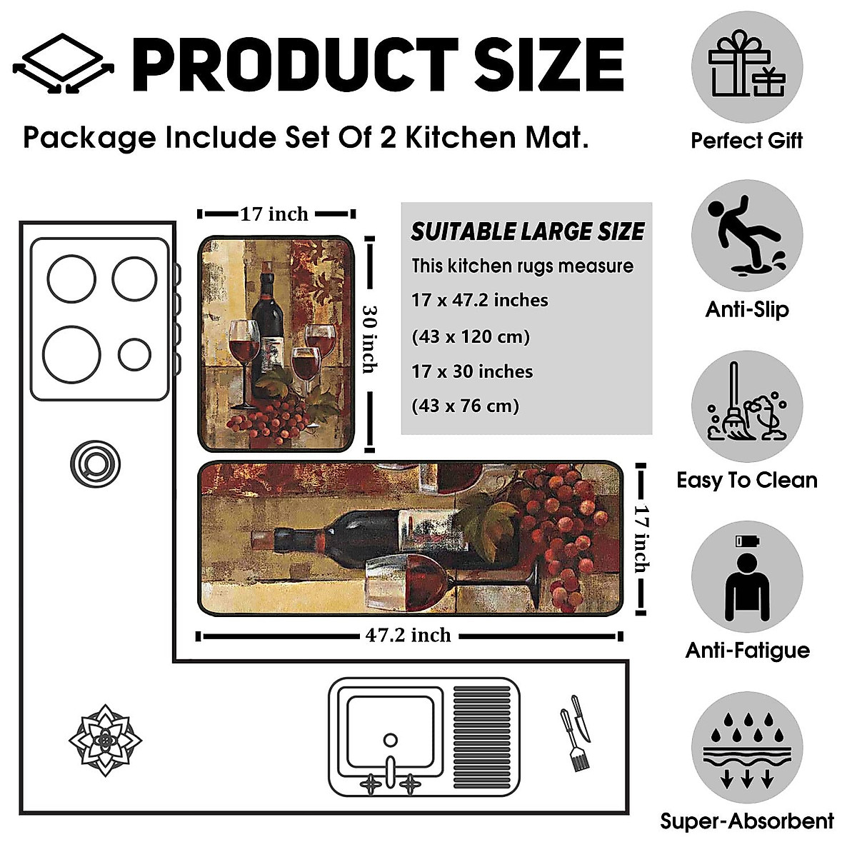 OUXIOAZ Wine Kitchen Rugs and Mats [2 PCS], Non Skid Washable Absorbent Microfiber Kitchen Mat for Doormat Bathroom Runner Set (17"x47"+17"x30", Wine)