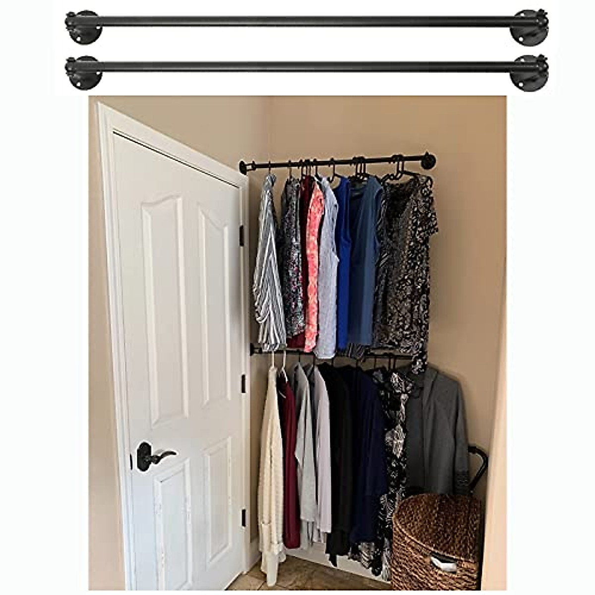 MYOYAY Corner Garment Rod 34in 2 Pack Industrial Pipe Clothes Hanging Bar Angle Adjustable Wall Mounted Clothes Rack Black Space Saving Metal Dryer Rails
