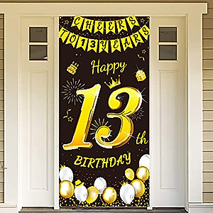 DPKOW Black Gold 13th Birthday Decoration for Boy Girl, Black Gold 13th Birthday Banner for Backdrop Door Decoration,13th Birthday Background Banner for Garden Table Wall Decoration, 185 x 90cm Fabric
