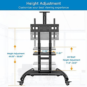 Rolling/Mobile TV Cart with Wheels for 32-75 Inch LCD LED 4K Flat Screen TVs - TV Floor Stand with Shelf Holds Up to 100 lbs, Height Adjustable Trolley Max VESA 600x400mm- PSTVMC05