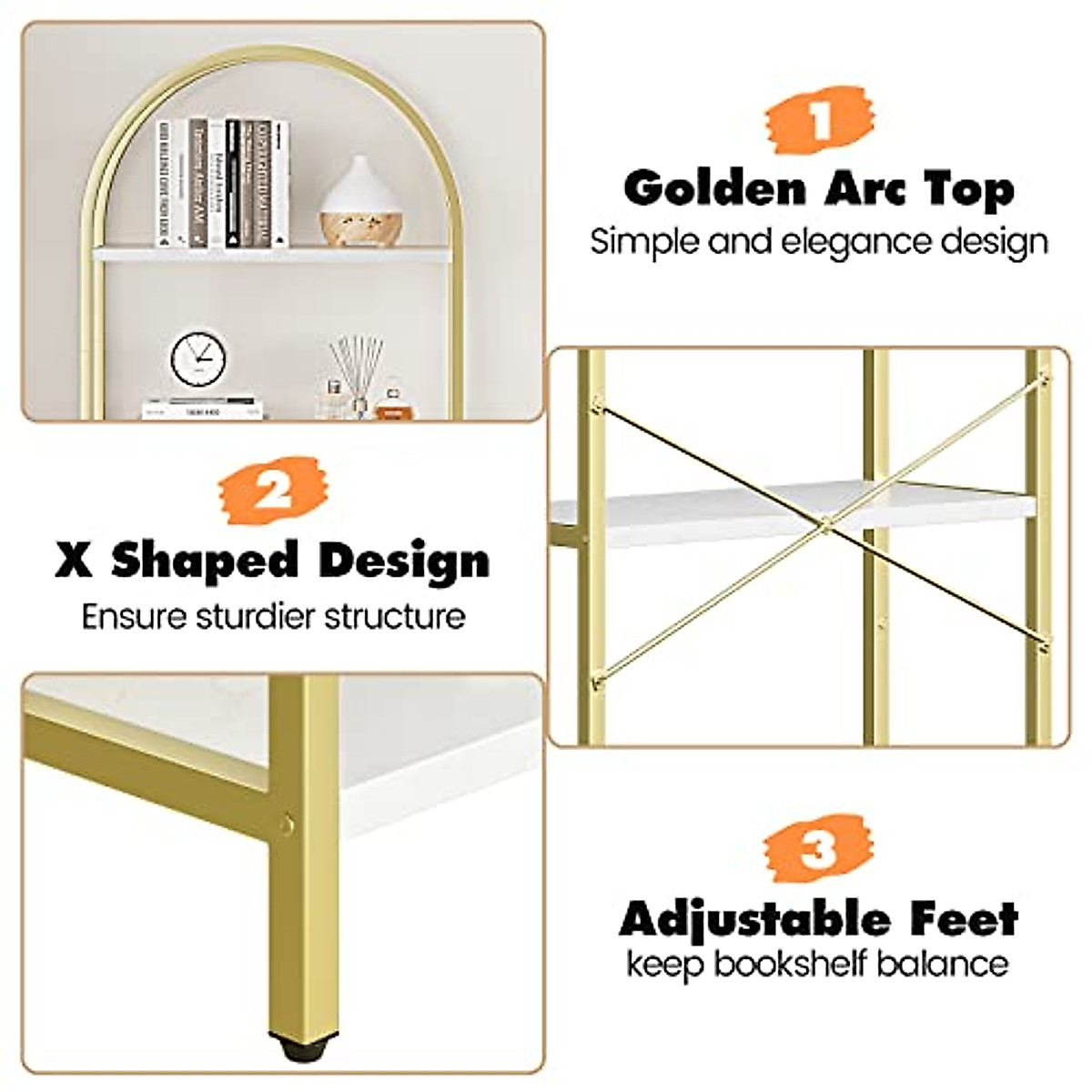 IDEALHOUSE Bookshelf 5 Tier Bookcase Arched Display Racks Tall Standing Bookshelves Metal Frame Modern Storage Rack Shelf Large Wood Book Shelf for Bedroom, Living Room, Home Office, White/Gold