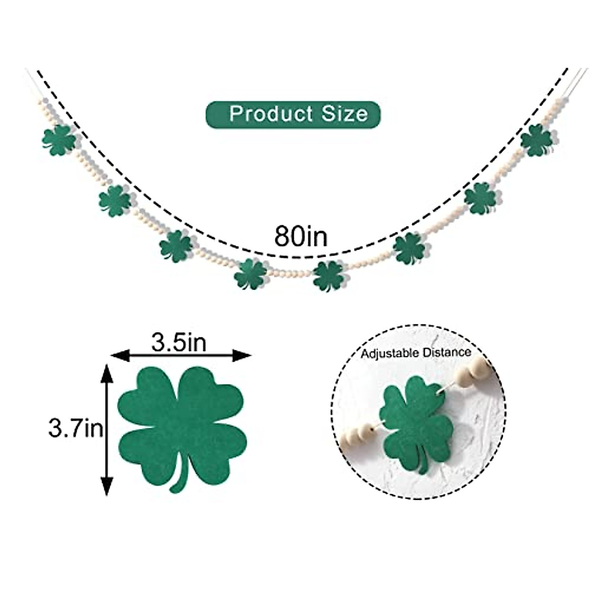 St Patrick’s Day Banner - Shamrock Wooden Beads for Home Decor, Felt Green Lucky Clover Banner with Wooden Beads, Shamrock Banner, Clover Garland, For St Patrick’s Day Spring Wedding Shower Decoration