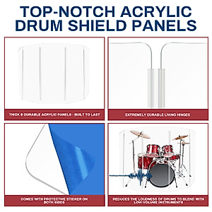 PENNZONI Drum Shield 5ft w/Living Hinges, Comes w/ 5 Drum Panels & Living Hinges, Premium Clear Acrylic Panels, Drum Screen