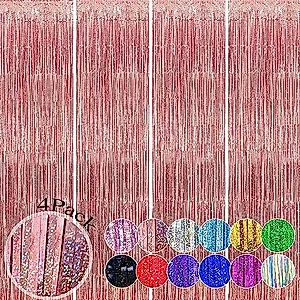 4 Pack Rose Gold Fringe Curtain -12.8x8.2 Feet, Slmeno Rose Gold Fringe Backdrop Thick Glitter Tinsel Foil Curtain, Rose Gold Backdrop Curtain Birthday Party, Rose Gold Party Decorations Bachelorette