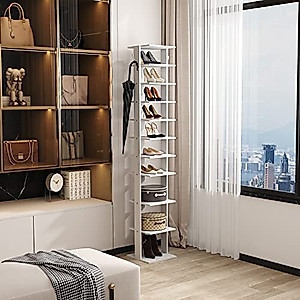 HOMEFORT 10-Tier Vertical Shoe Rack, Corner Shoe Tower, Slim Shoe Organizer with Two Hanging Hooks, Wooden Shoe Storage Stand for Entryway, Hallway, Closet (White)