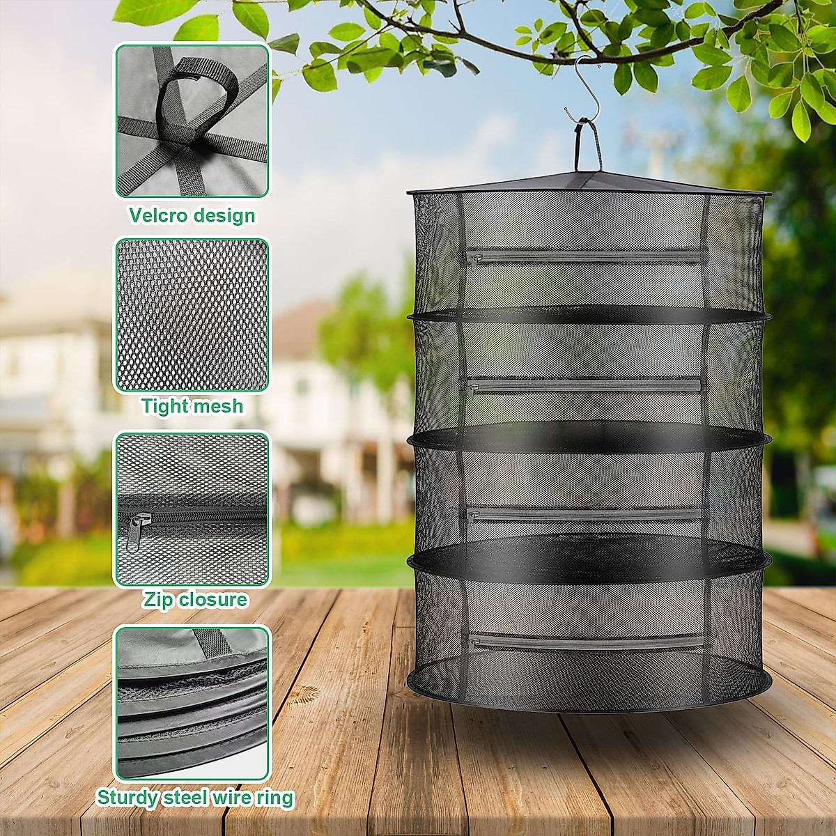 HYDGOOHO Herb Drying Rack Net Mesh with Black Zippers Hydroponics, Bonus Hook Scissor Drying Rack 2ft for Plant Bud Seed, Mesh Hanging Plant Dry, Herb Dry Net for Garden (4 L, Black Zipper)