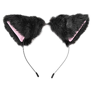 lasenersm Cat Fox Long Fur Ears Headband - Size: approx. 10x10cm, Color: Black fluff with Pink Inside, Material: Faux Fur, Costume Headband for Anime Cosplay Party Costume, Halloween, Carnival