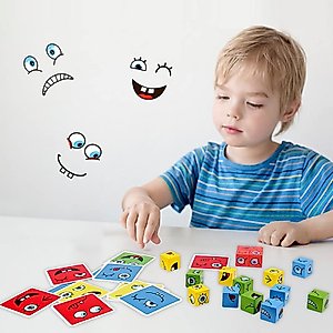 Wooden Face Changing Magic Cube Game, Expression Puzzle Building Blocks Pattern Matching Game with Bell, Educational Puzzles Toy Board Games for Kids and Adults
