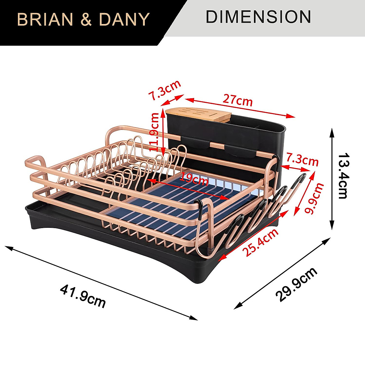 BRIAN & DANY Aluminum Dish Drainer, Dish Drying Rack with Removable Cutlery Holder & Cup Holder, Unique 360° Swivel Spout Drain Board, Golden