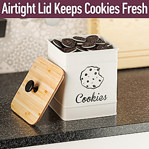 Cookie Jar with Airtight Lid - 1 Gallon - 6"D x 8"H White Iron Cookie Tin with Bamboo Lid - Large Cookie Jars with Lids Airtight - Farmhouse Cookie Jars for Kitchen Counter Decorative - Cookies Jar