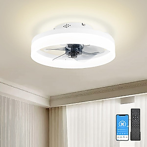 Ceiling Fans With Lights 15.7in, Low Profile Ceiling Fan Flush Mount With Remote, Dimmable LED 3 Color 6 Speeds Timing, Reversible Bladeless Modern Ceiling Fans Fandelier For Bedroom Living Room,White