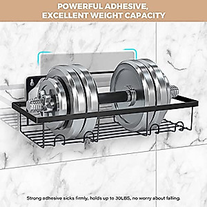 PUKOKAL Shower Caddy 5 Pack Shelf with Hooks Storage Rack Organizer, Stainless Steel Adhesive Caddy Shelves No Drilling with Hairdryer Holder Soap for Bathroom, Restroom, Kitchen (Matte Black)