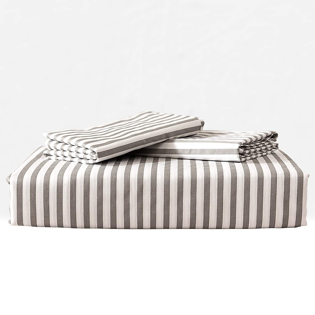 JELLYMONI 4-Piece Striped Cotton Sheet Set | Ultra-Soft, Brushed Bedding Sheets & Pillowcases | Wrinkle Free, Comfortable, All-Season Bed Sheets(Grey,Queen)