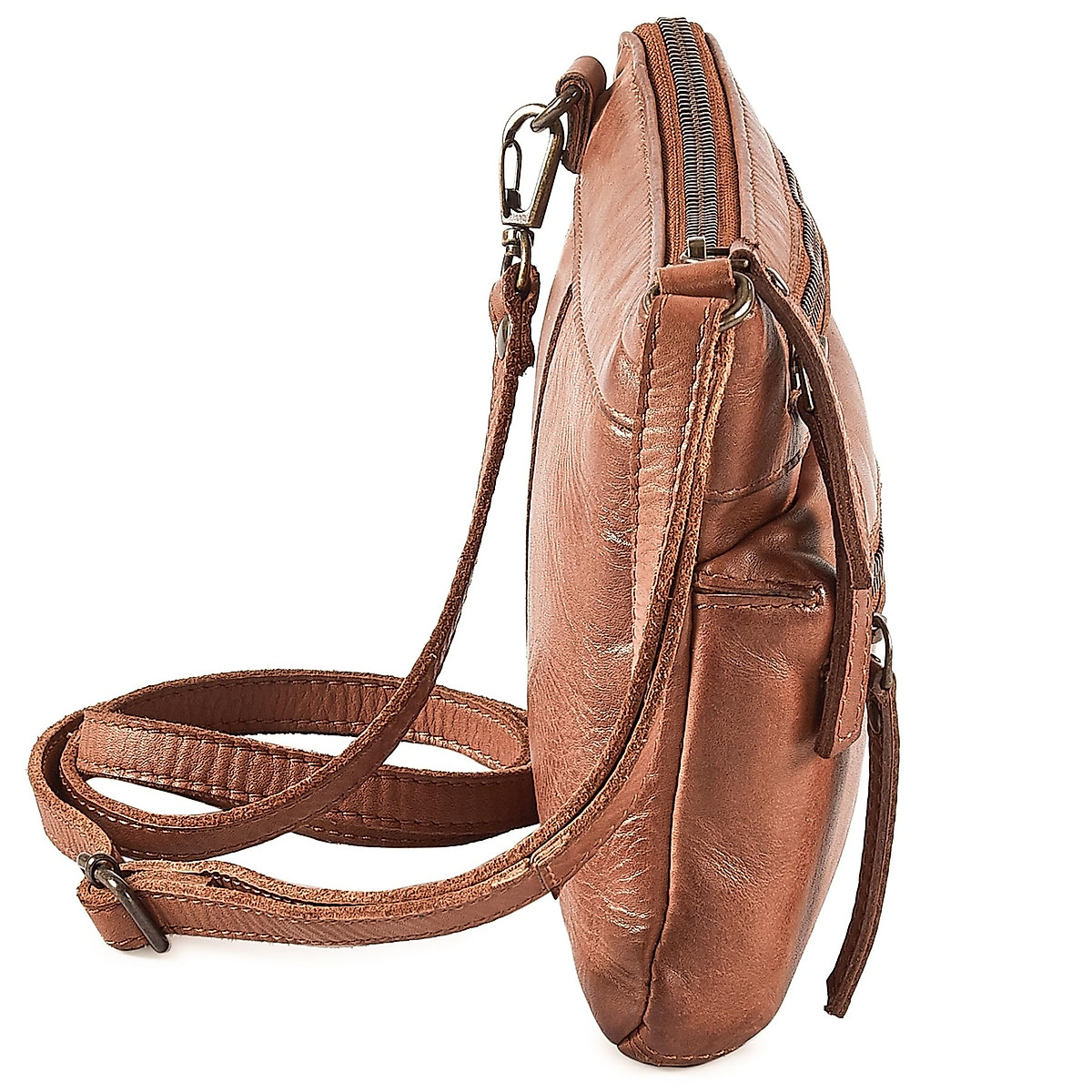 Wise Owl Accessories Small Crossbody Sling Bag Real Leather Purse for Women Crossover Trendy Shoulder Handbag (Cognac Washed Vintage)