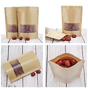 oUUoNNo 50 Pcs 7"X10" Stand Up Kraft Paper Bag, Reusable Zip Lock Sealing With Notch Matte Transparent Window Bags, All Purpose Storing Food Storage, Ideal for Coffee Beans, Nuts, Biscuits DIY