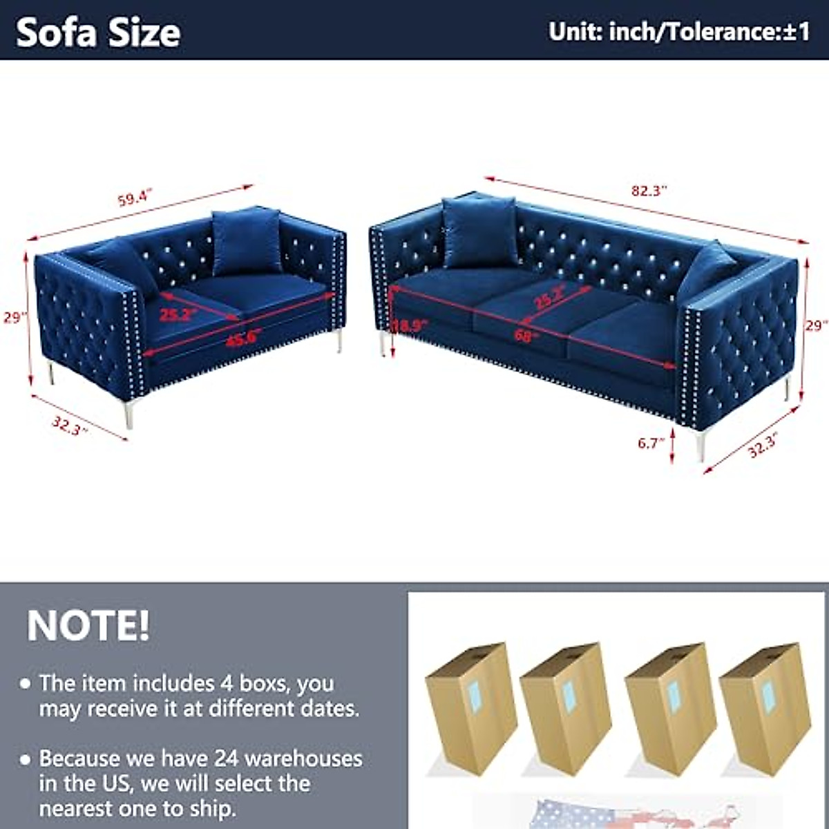 Fulocseny 2 Piece Modern Velvet Upholstered Living Room Sofa Set with 3-Seater Sofa and Loveseat, Jeweled Button Tufted Copper Nails Square Arms, 4 Pillows Included,5 Seater (Blue + Velvet)