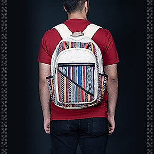 Ruana Lightweight Hemp Backpack 100% Natural Hemp Cotton Fabric Casual Daypack Multipurpose Handmade Bag For Travel, Hiking, Yoga, Picnic (Tribal Stripes, 38 cm W x 45 cm L)