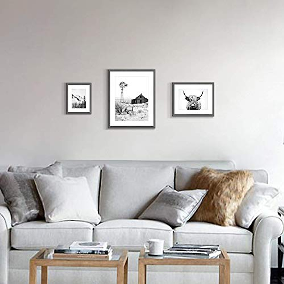 SunFlax Farmhouse Animal Framed Wall Art - Highland Yak and Smoky Mountain Picture with Black Wooden Frames for Bathroom, Living Room, Bedroom, Office