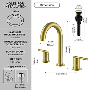 KENES Brushed Gold Two Handle 8 Inch Widespread Bathroom Sink Faucet, Gold High Arc Lavatory Vanity Sink Faucet 3 Hole with Pop Up Drain & Water Supply Hoses LJ-9018-4