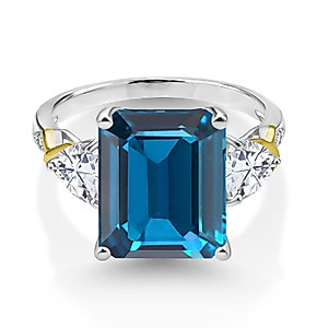 925 Silver and 10K Yellow Gold London Blue Topaz Moissanite and Diamond 3 Stone Ring For Women (8.46 Cttw, Gemstone November Birthstone, Emerald Cut 12X10MM, Available In Size 5, 6, 7, 8, 9)