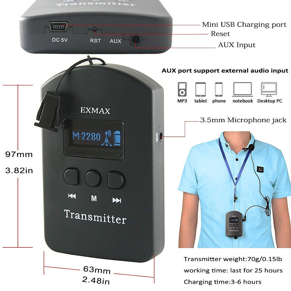 EXMAX EXD-6824 2.4GHz Wireless Audio Tour Guide Headset Systems up to 1-150M Transmission Range for Conference Church Travel Training hajj - 4 Transmitters & 60 Receivers with 64-Slot Charging Case