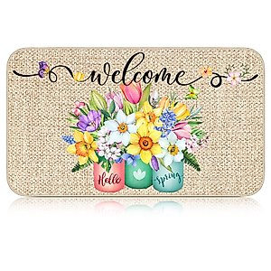 Spring Welcome Mats Hello Spring Floral Decor Door Mat Colorful Tulip Flower Door Mat Indoor Entrance Cute Decorative Outdoor Doormats Non Slip Outside Door Mats for Front Door Spring Rugs, 16 x 28