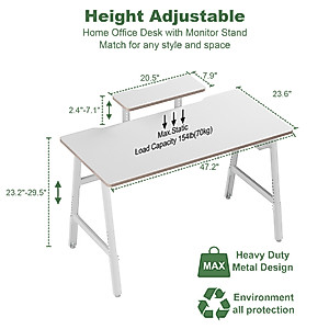 UPGRAVITY Height Adjustable Computer Desk - 47" Gaming Desk, Small Home Office Desk with Monitor Stand, Modern Simple Table Study Writing Work, Living Room Home Bedroom PC Table, Metal Frame, White