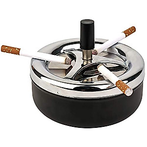 Mantello Round Push Down Cigarette Ashtray with Spinning Tray, Large, Black